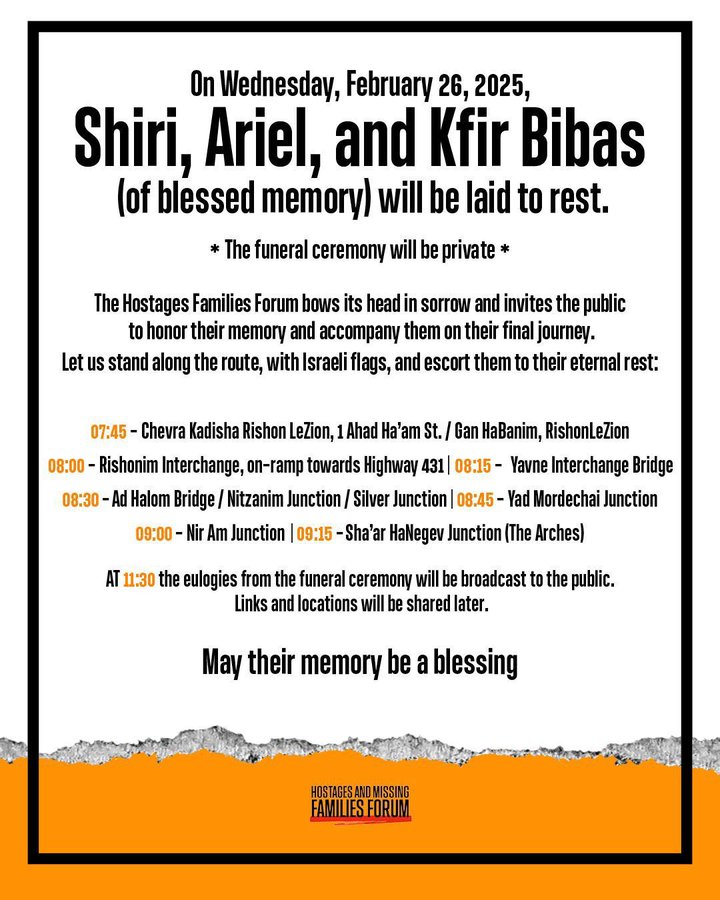 Shiri, Ariel et Kfir Bibas seront enterrés - EJP